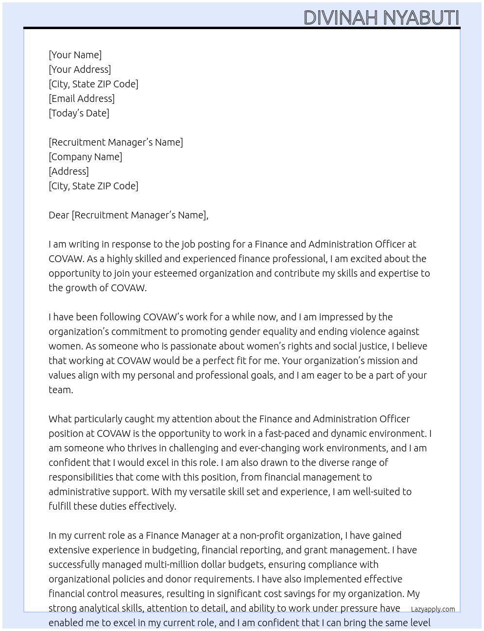 Cover letter for finance and administration officer - LazyApply