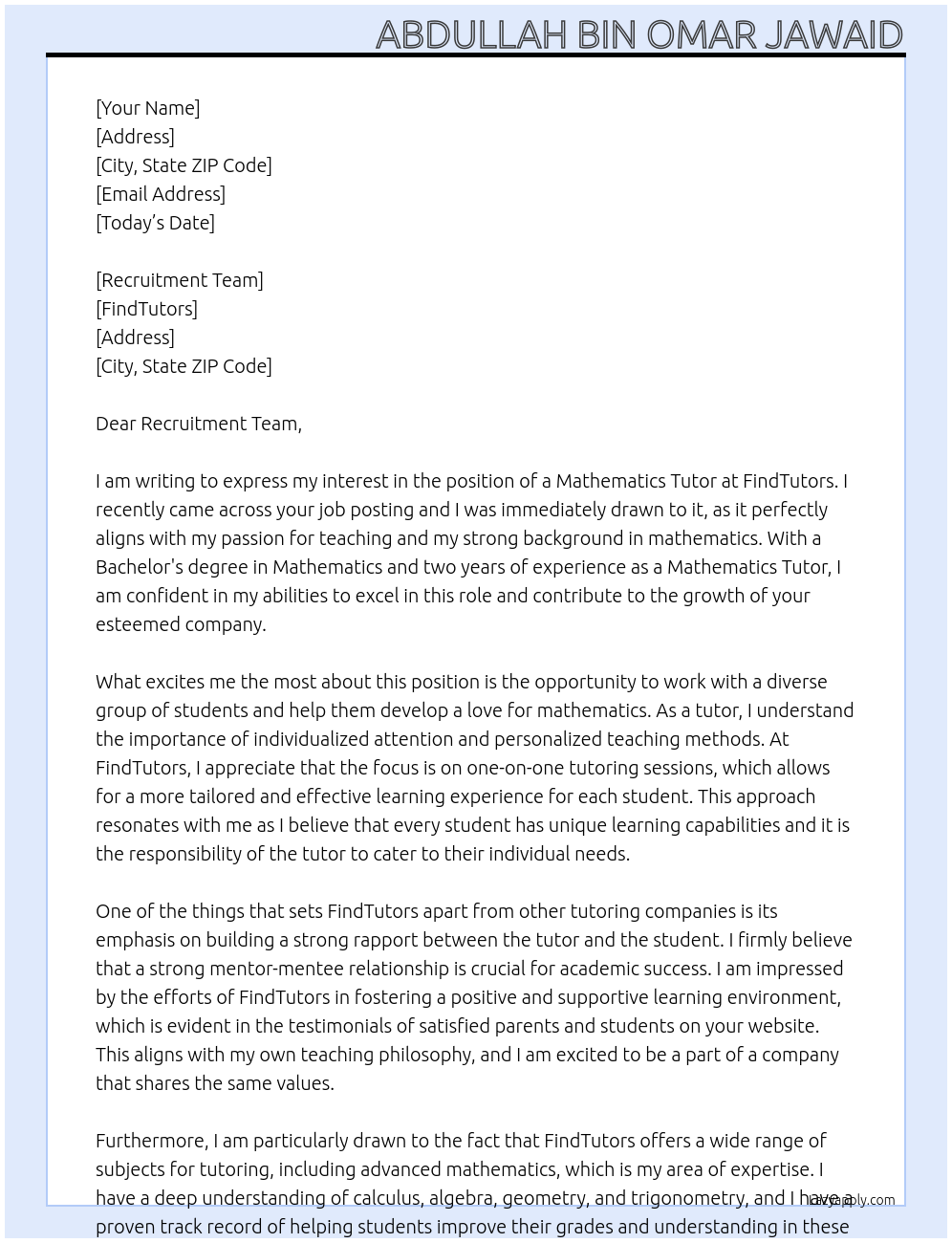 Cover letter for mathematics tutor - LazyApply