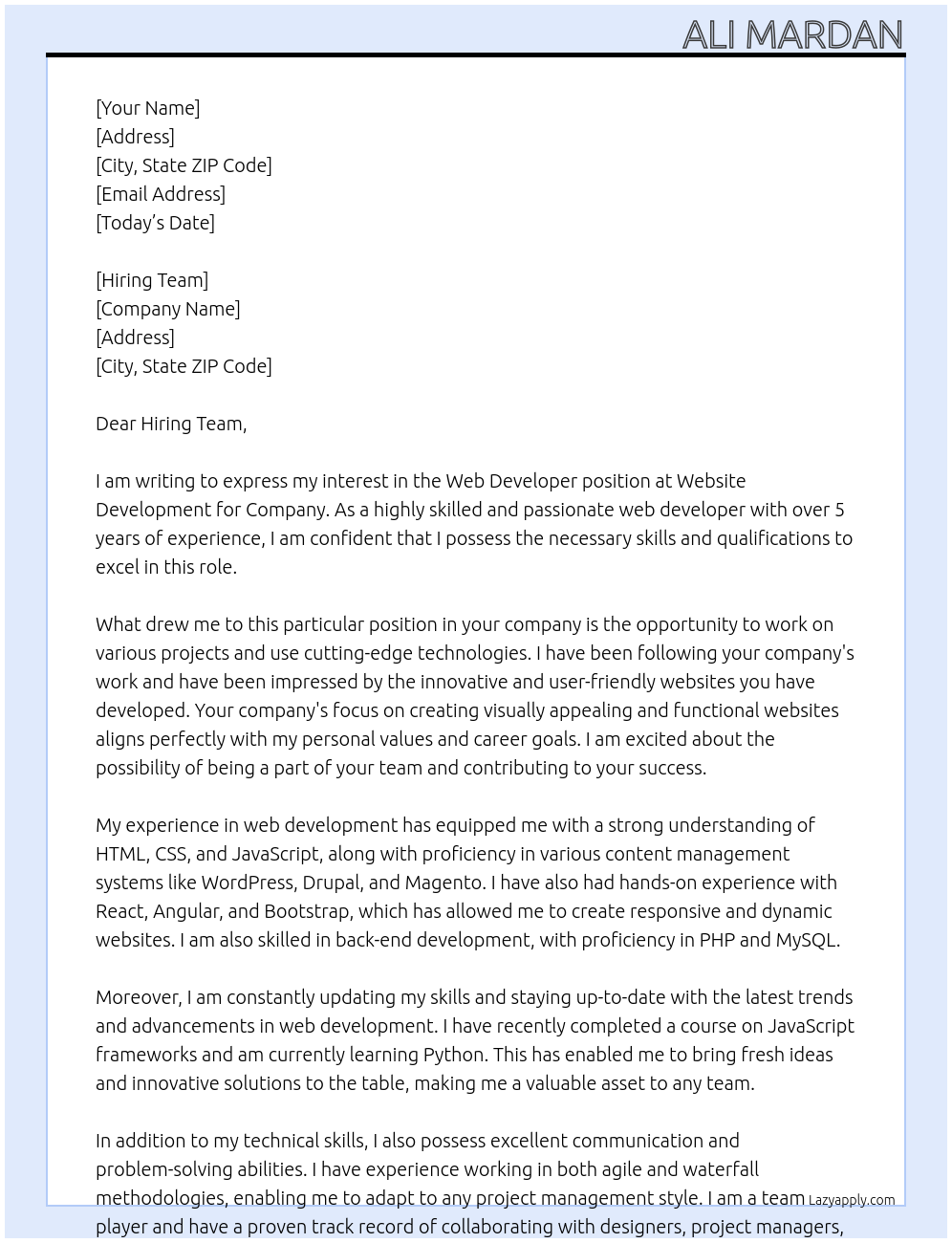 Cover letter for web developer - LazyApply