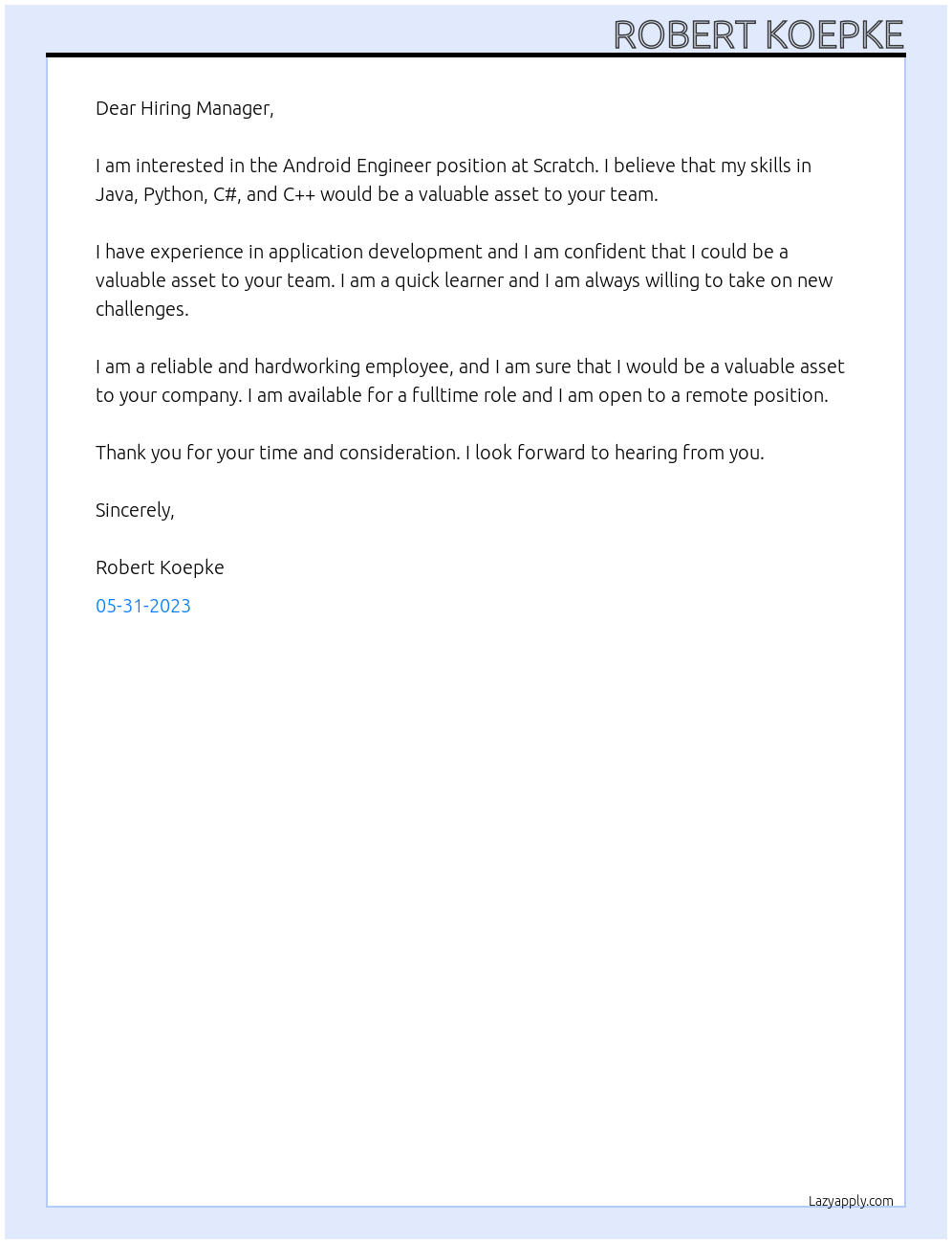 Cover letter for android engineer - LazyApply