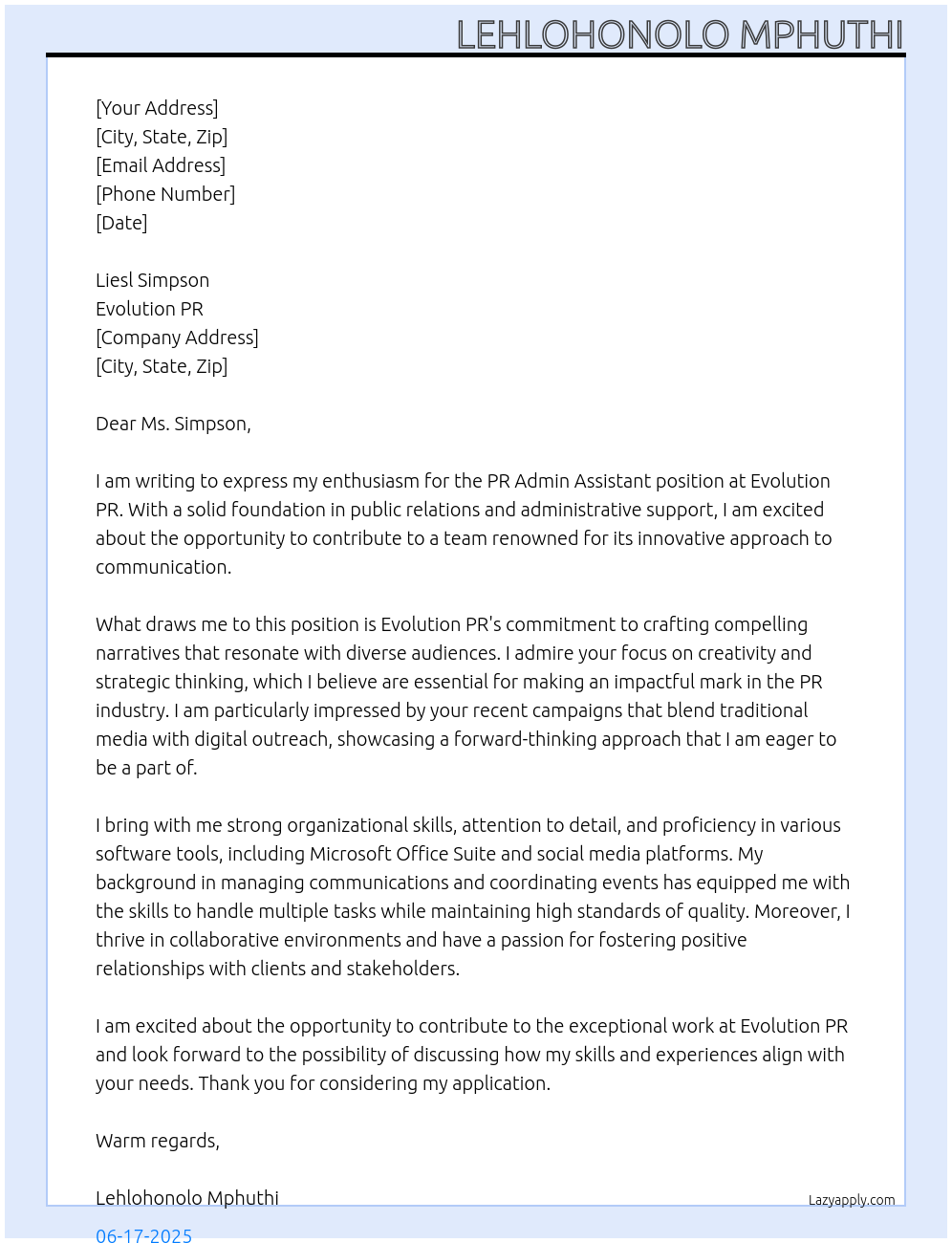 Cover letter for pr admin assistant - LazyApply