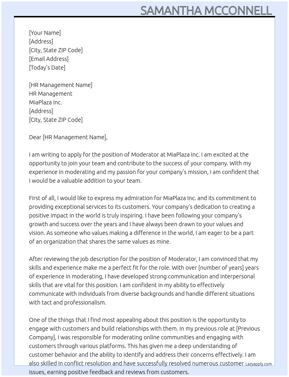 Cover letter for moderator - LazyApply