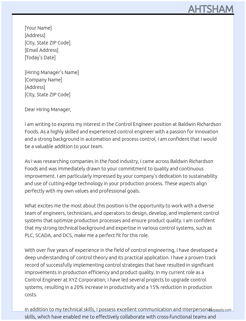 Cover letter for control engineer - LazyApply
