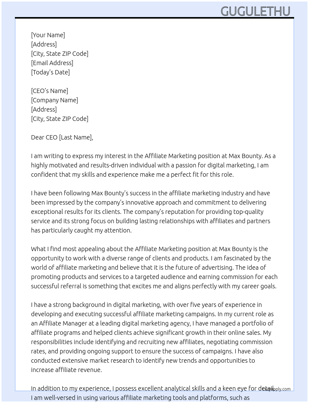 Cover letter for affiliate marketing - LazyApply