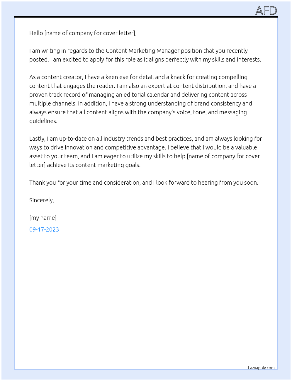 Cover letter for content marketing manager - LazyApply