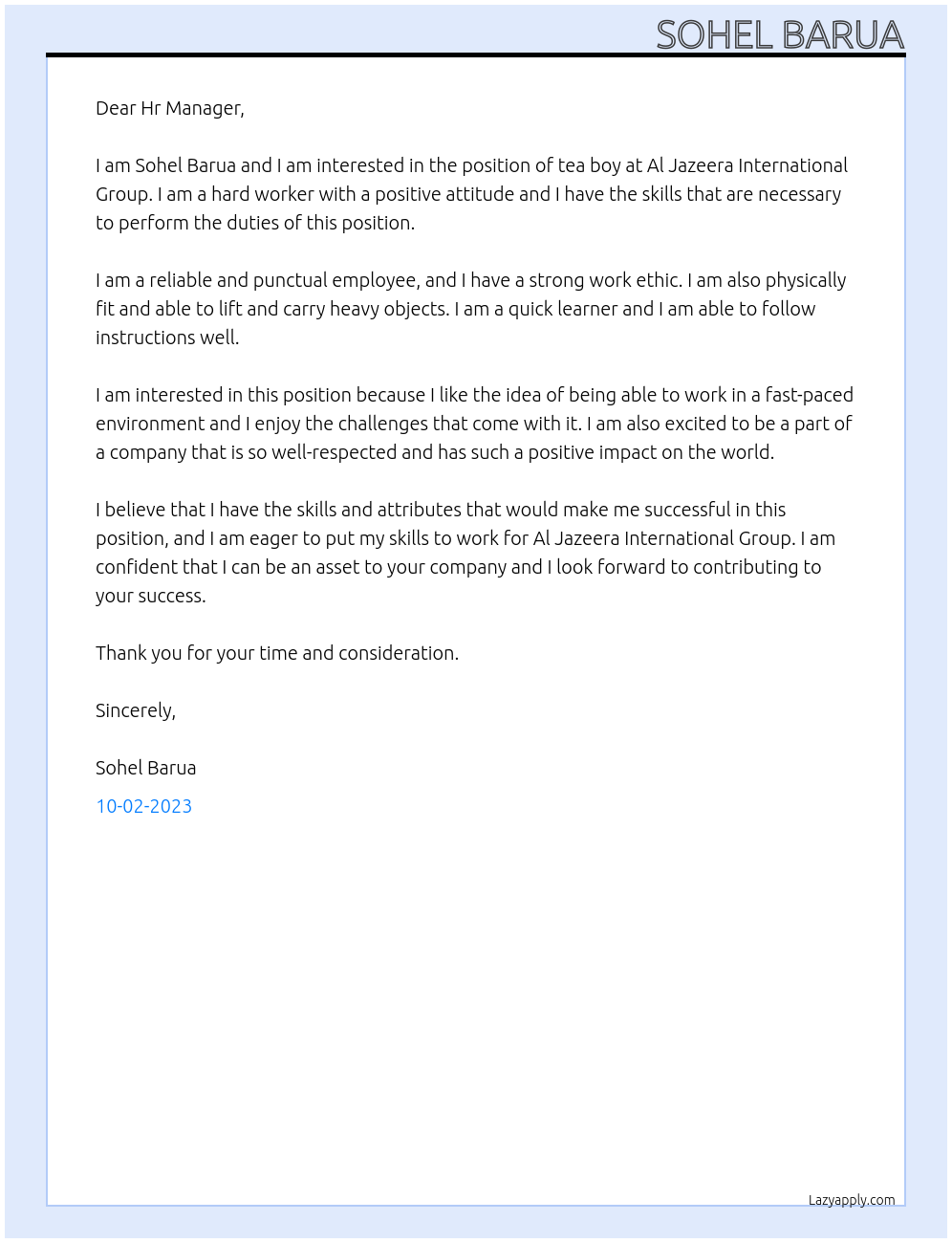 Cover letter for tea boy - LazyApply