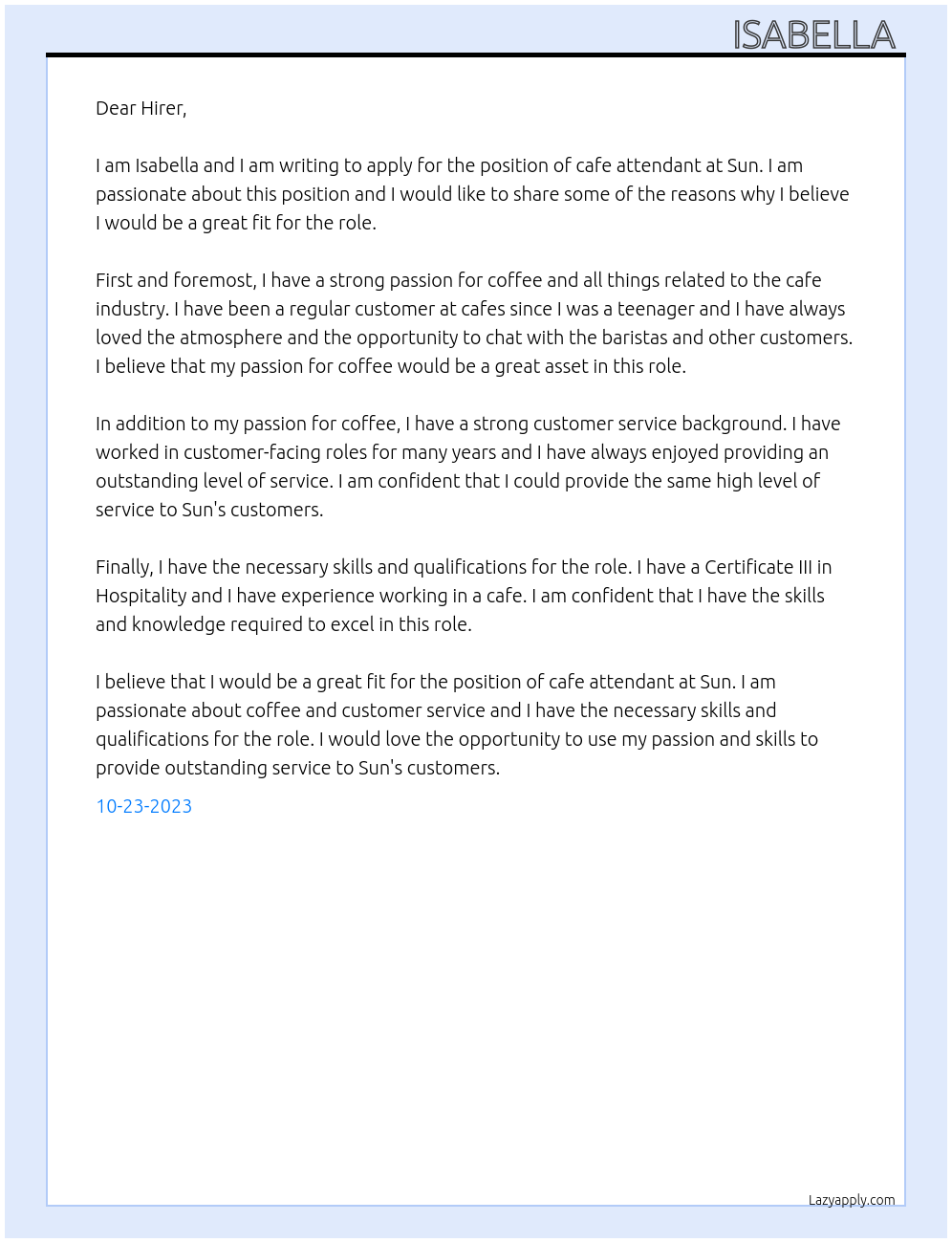 Cover letter for cafe attendant - LazyApply