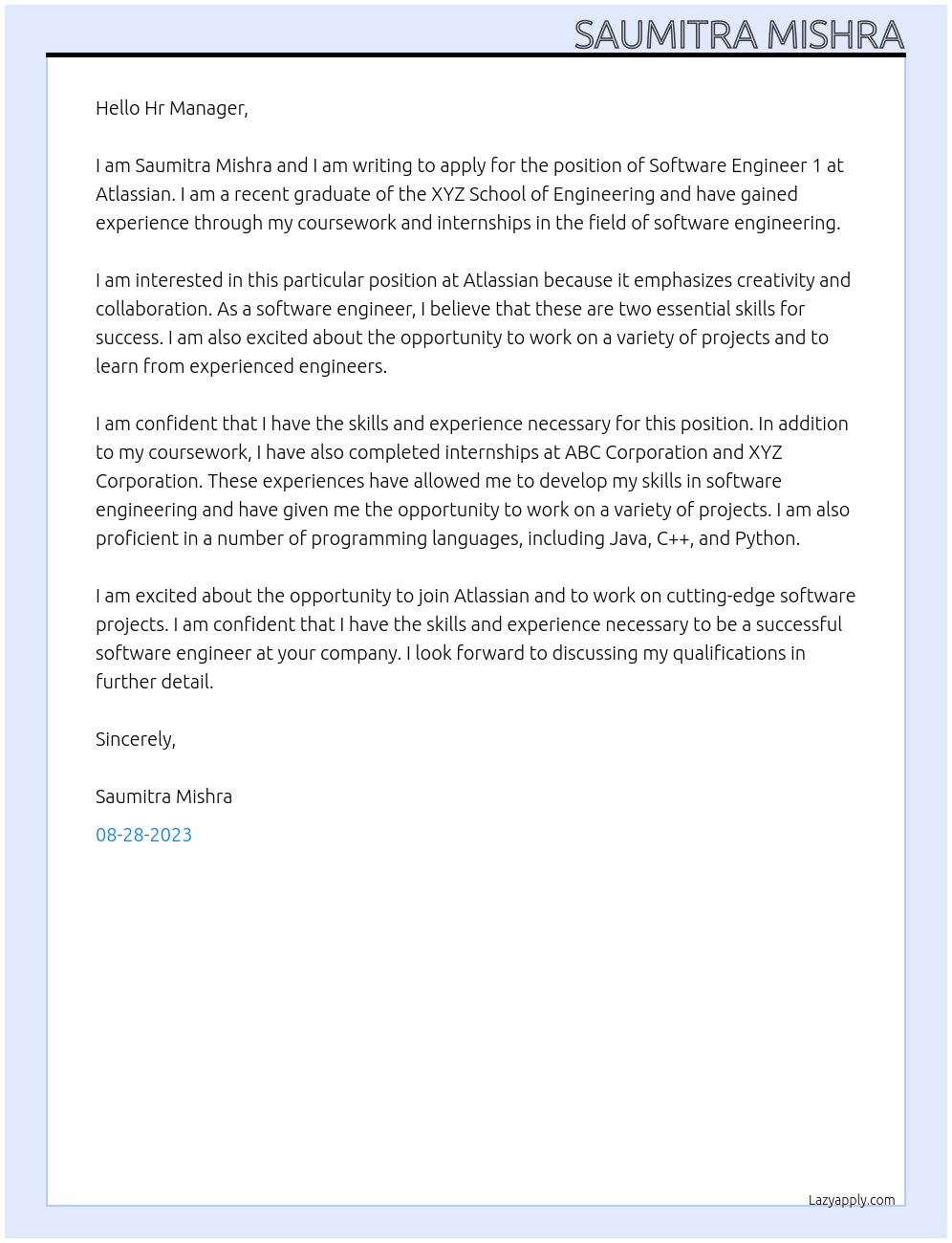 Cover letter for software engineer 1 - LazyApply