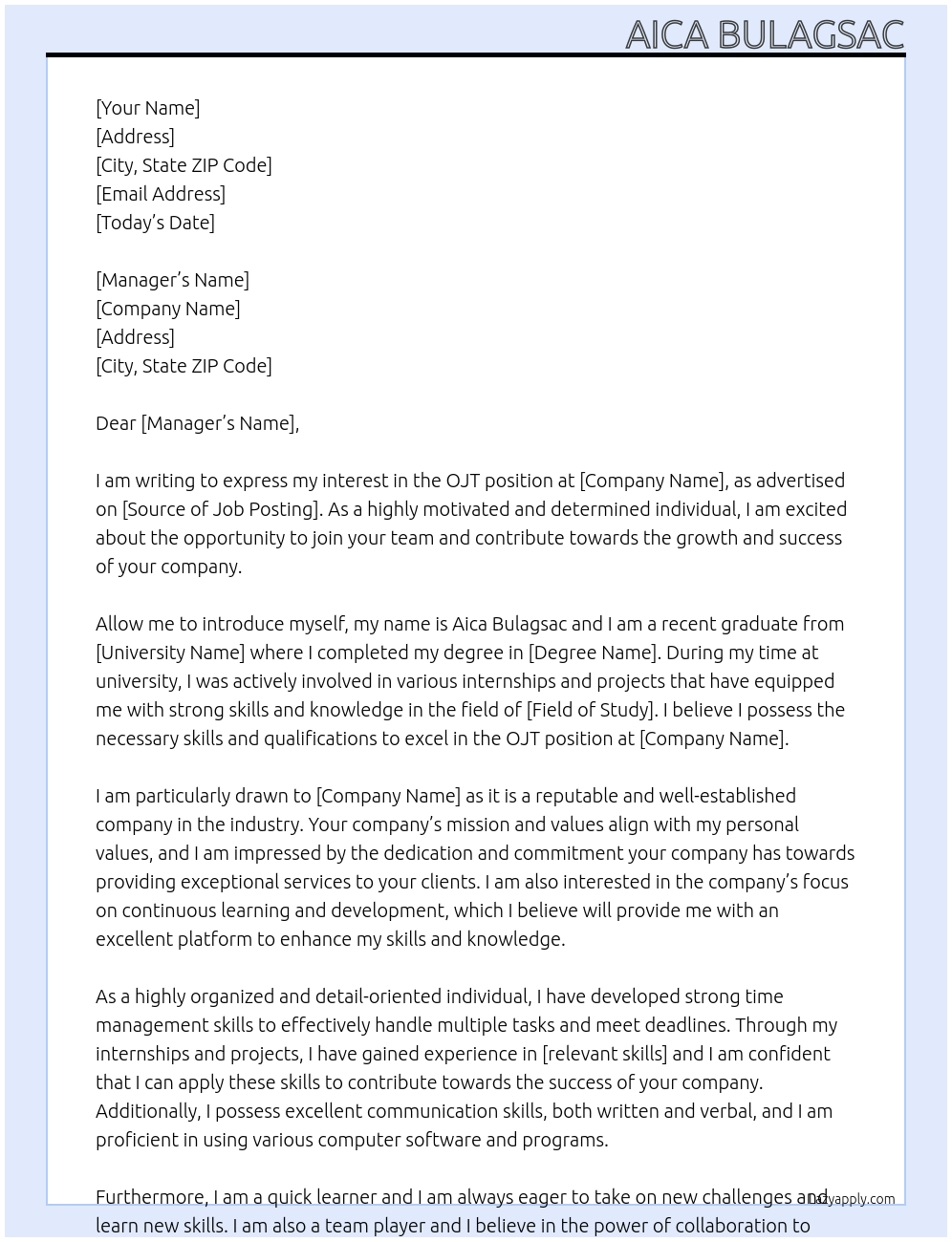 Cover letter for ojt - LazyApply