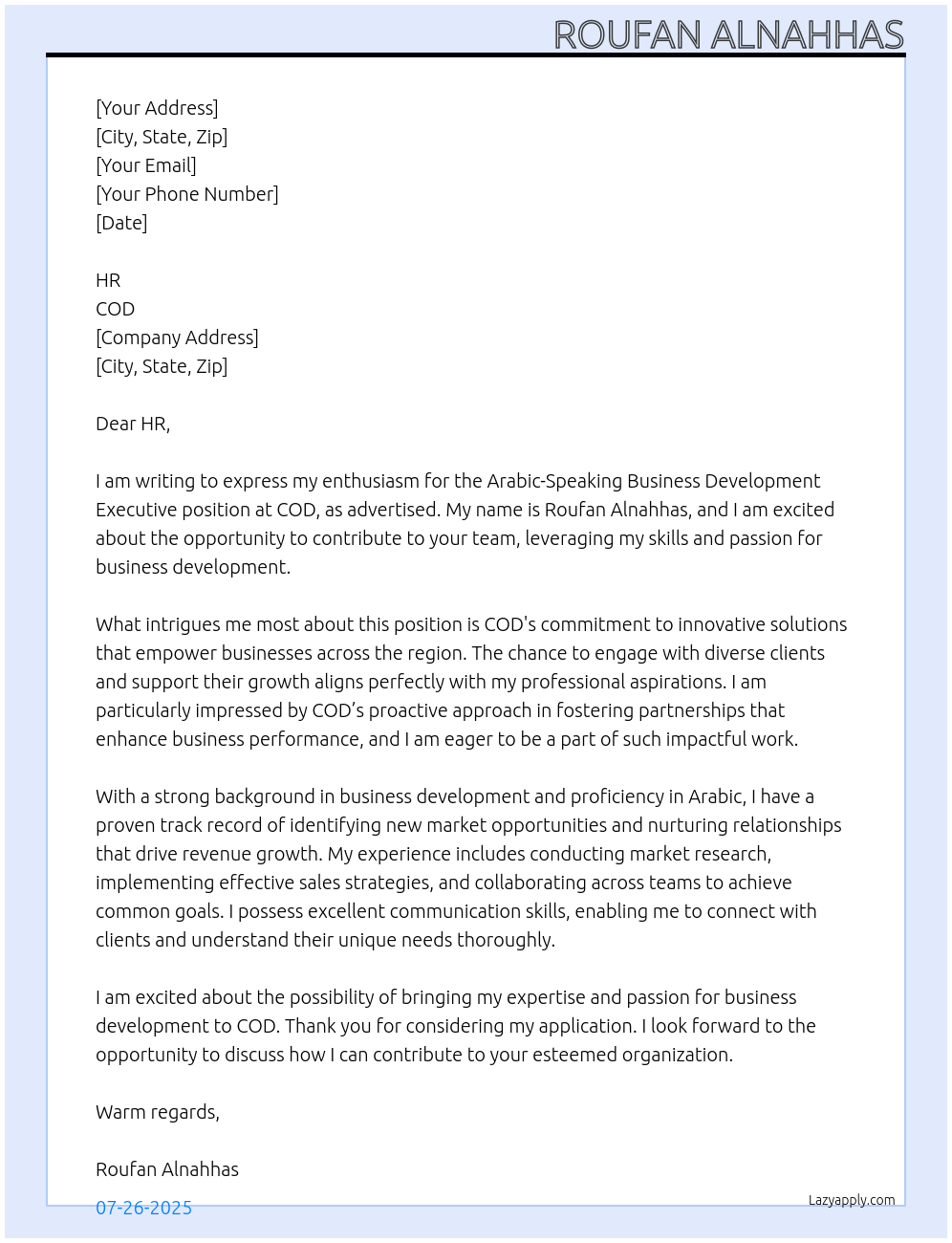 Cover letter for arabic-apeaking business develpoment executive - LazyApply