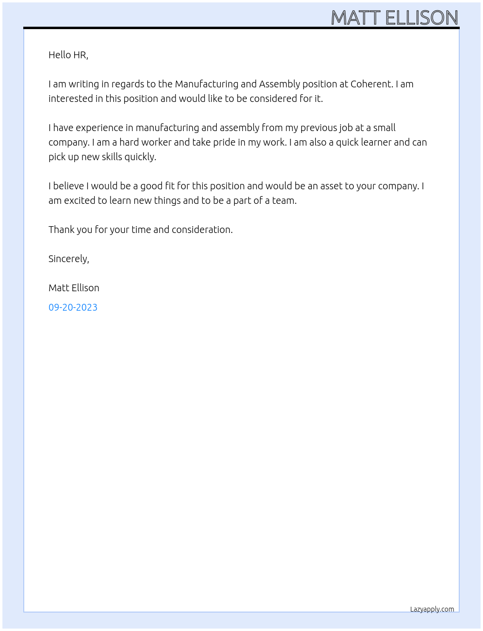 Cover letter for manufacturing assembly - LazyApply