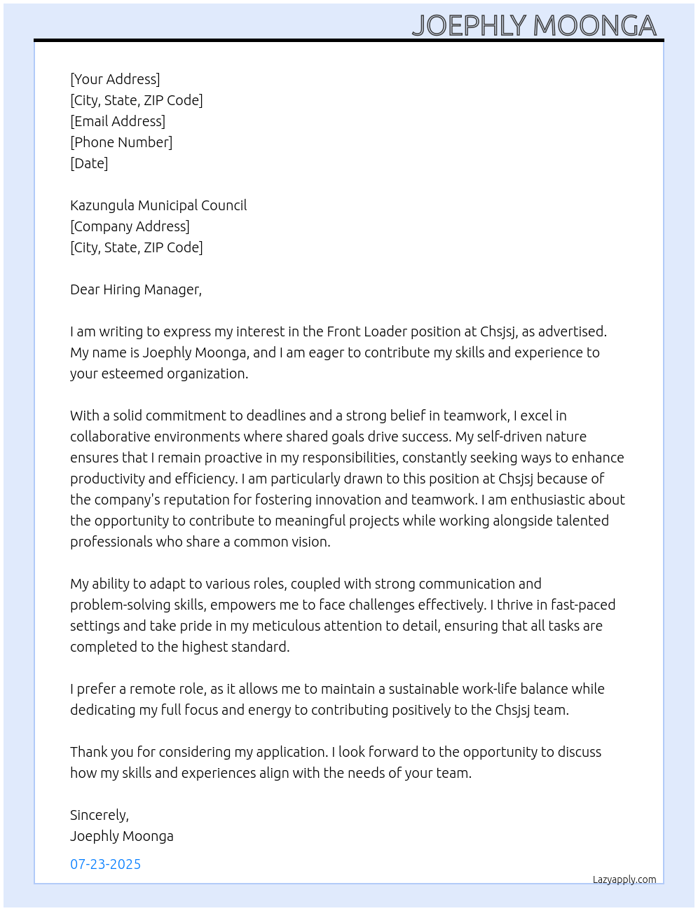 Cover letter for front and loader - LazyApply