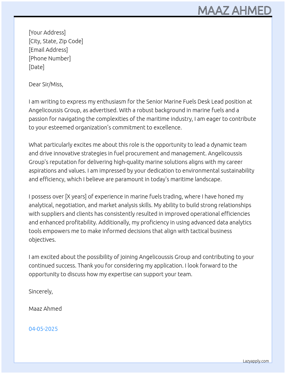 Cover letter for senior marine fuels desk lead - LazyApply