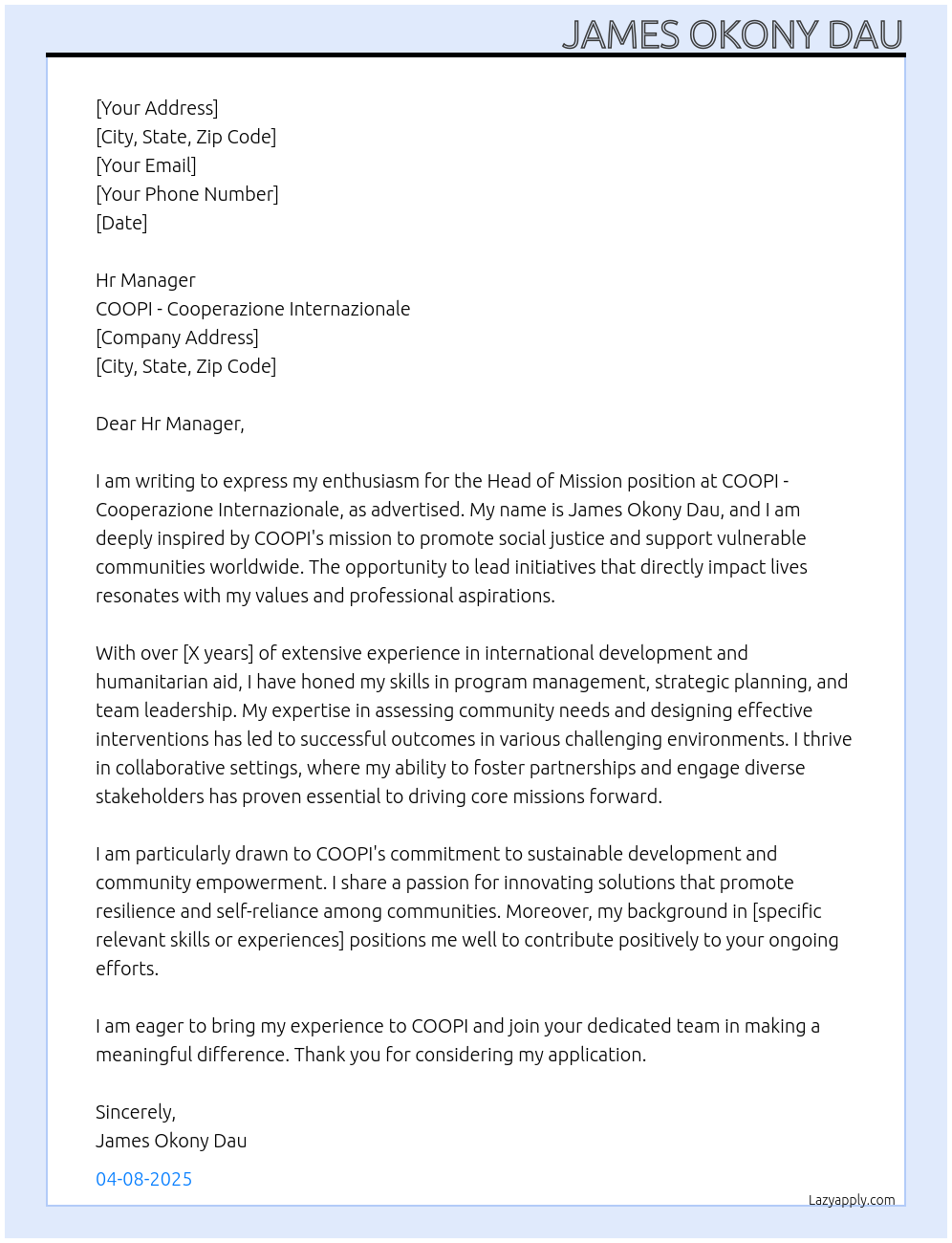 Cover letter for head of mission - LazyApply