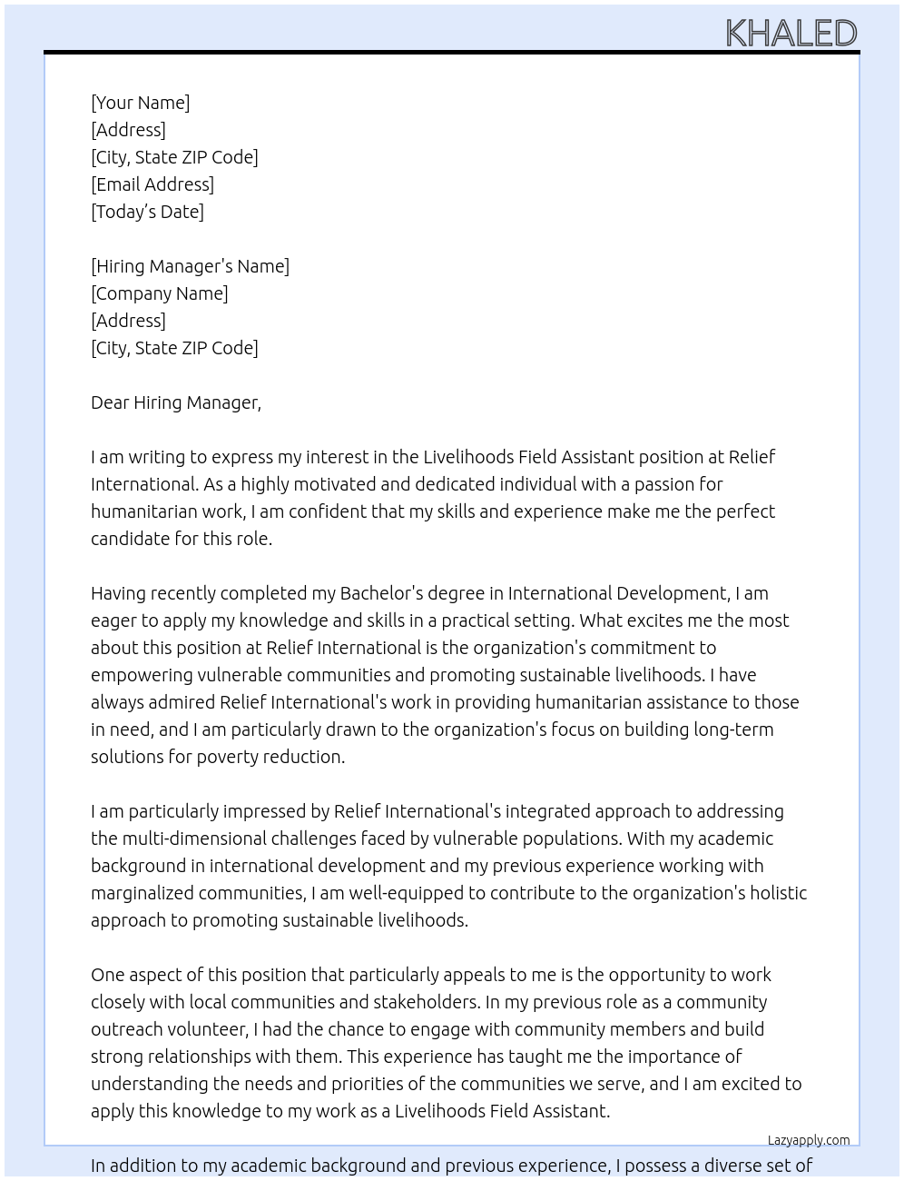 Cover letter for livelihoods field assistant - LazyApply