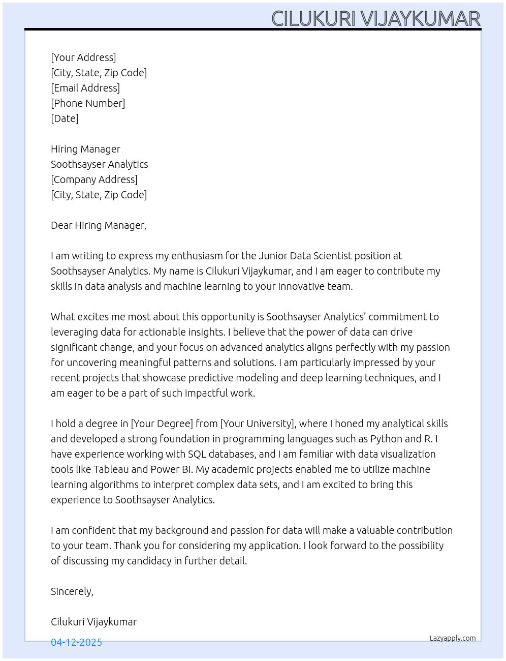 Cover letter for data scientist junior - LazyApply