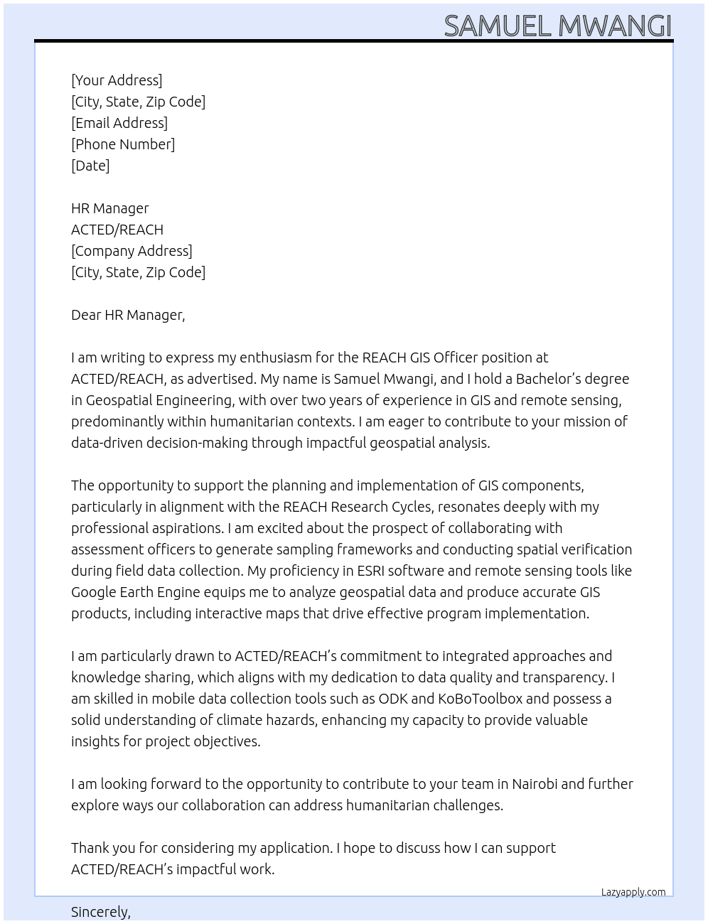 Cover letter for reach gis officer - LazyApply