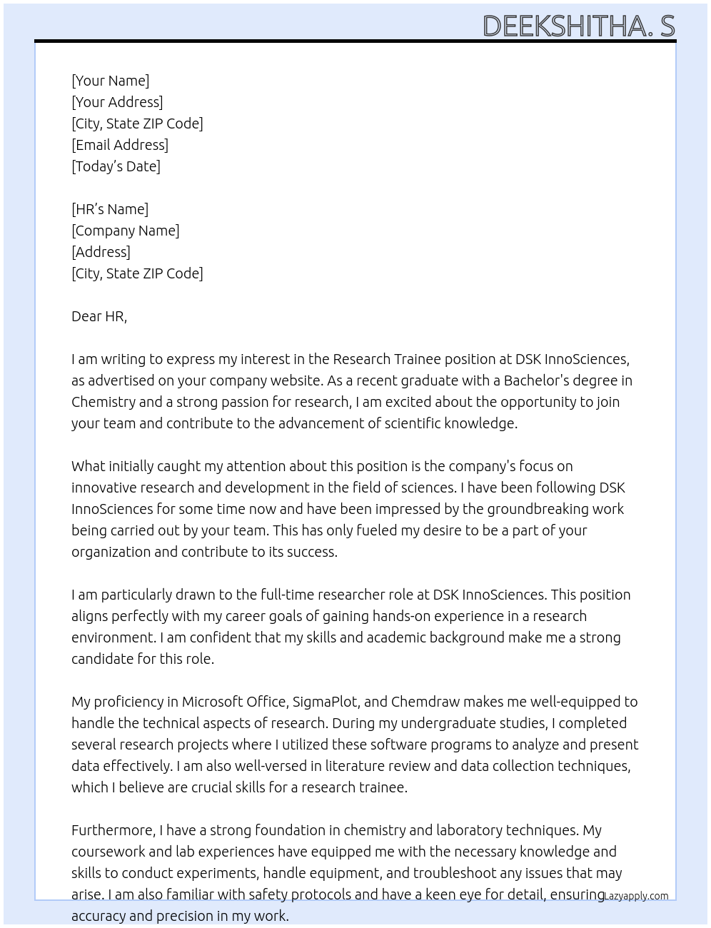Cover letter for research trainee - LazyApply