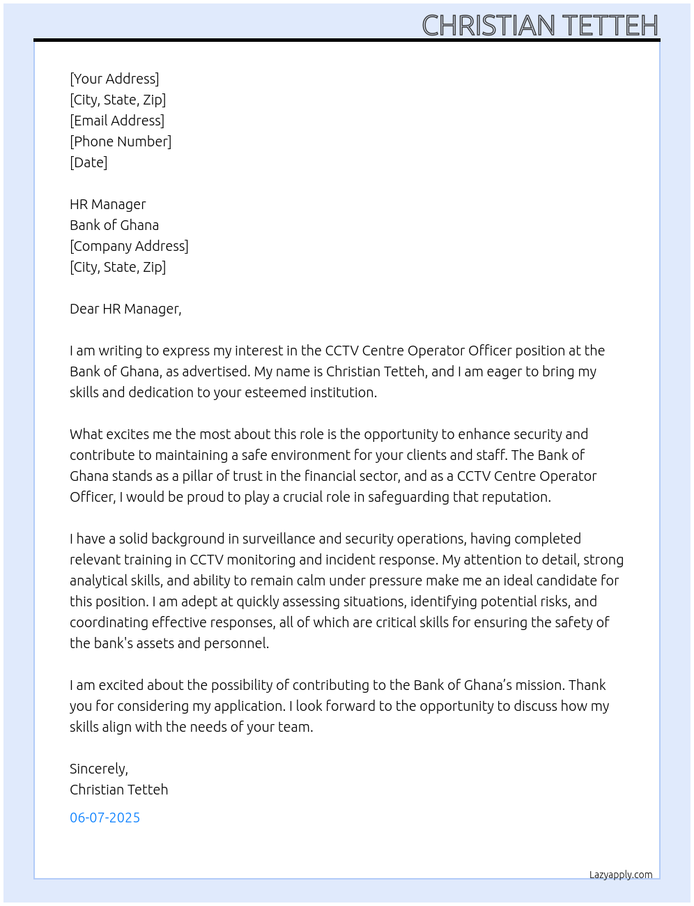Cover letter for cctv centre operator officer - LazyApply