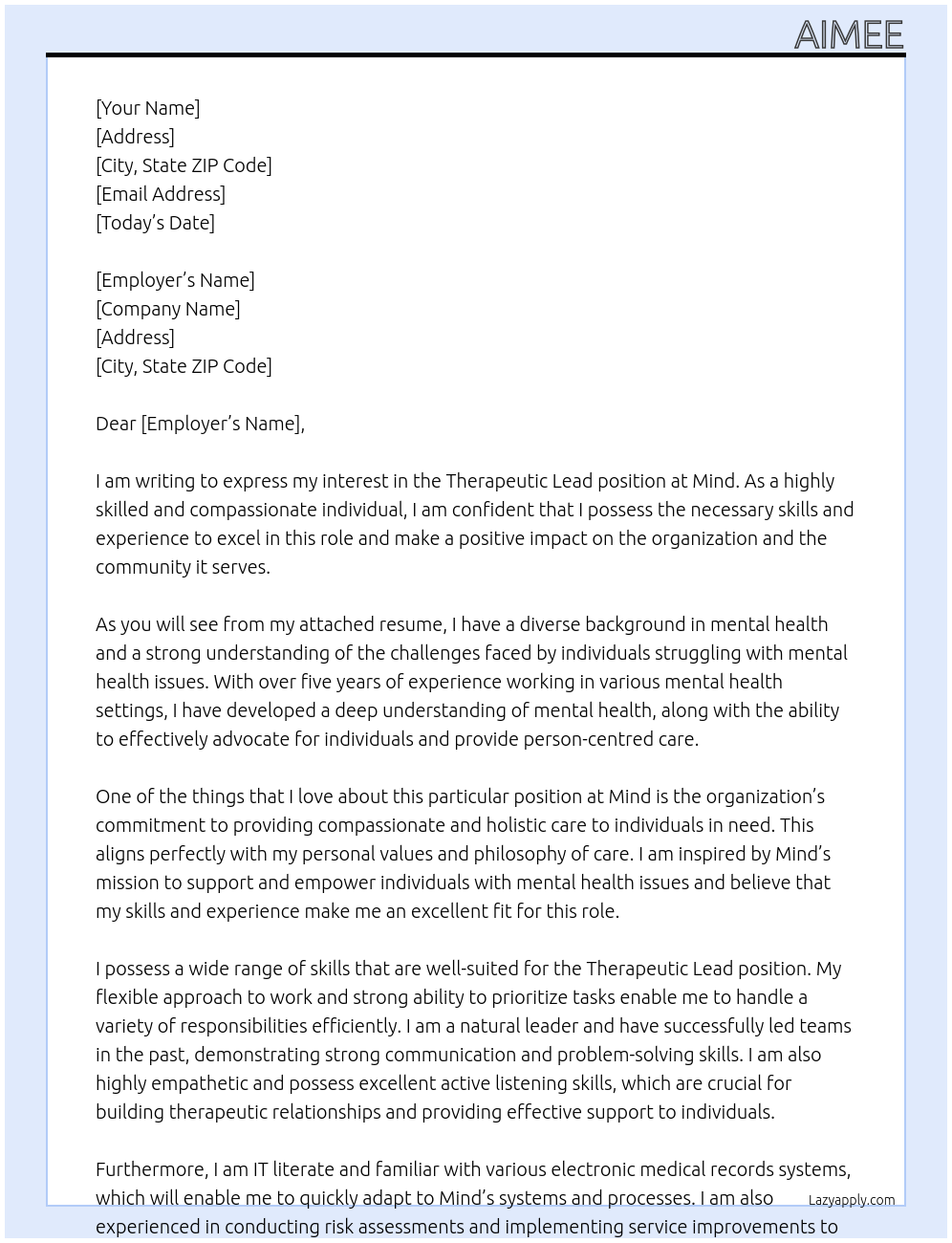 Cover letter for therapeutic lead - LazyApply