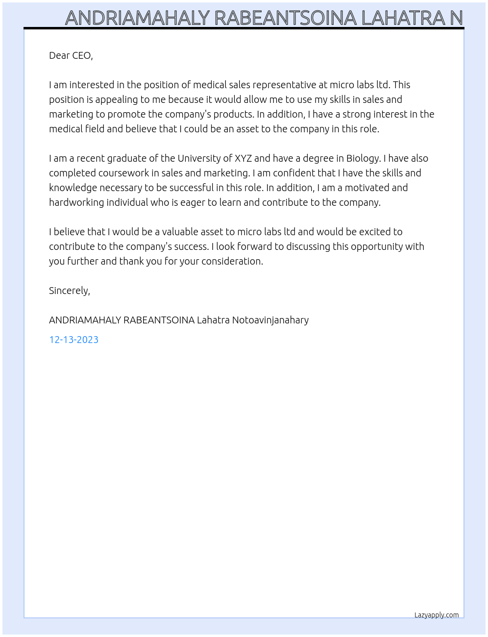 Cover letter for medical sales representative - LazyApply