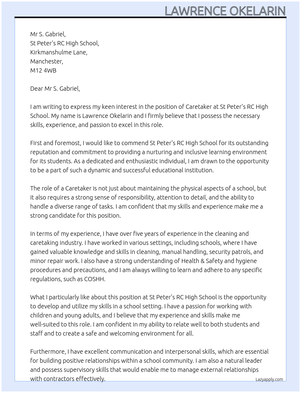 Cover letter for caretaker - LazyApply