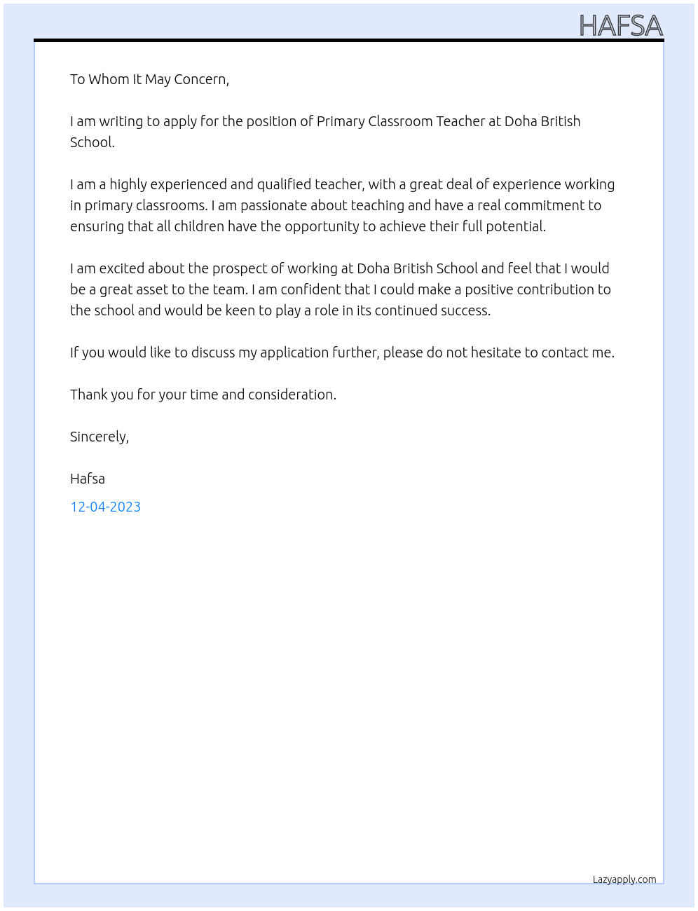 Cover letter for primary classroom teacher - LazyApply