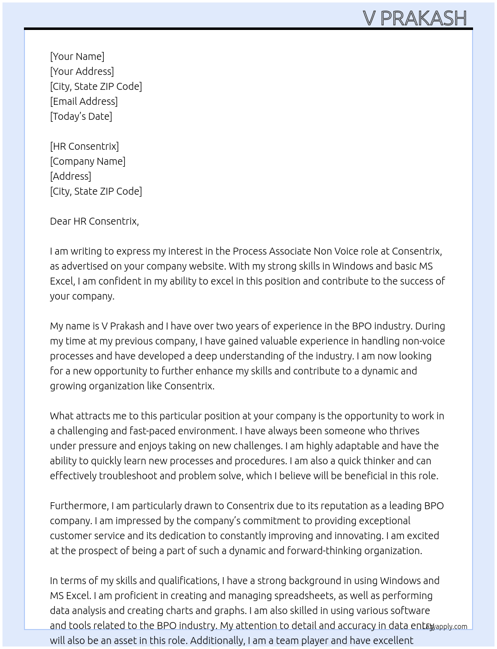 Cover letter for prosess associate non voice - LazyApply