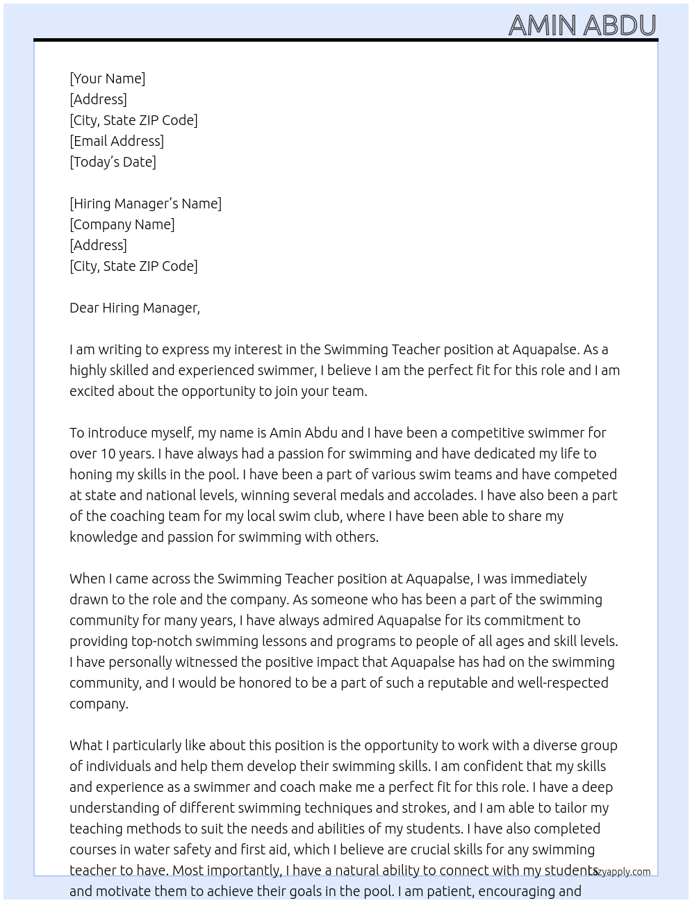 Cover letter for swimming teacher - LazyApply