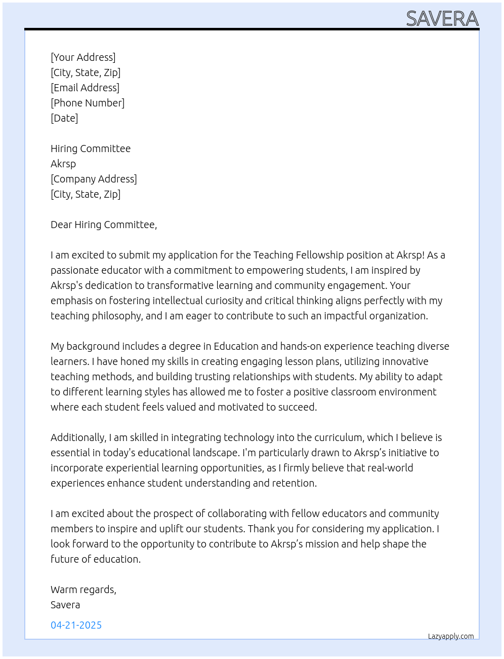 Cover letter for teaching fellowship - LazyApply