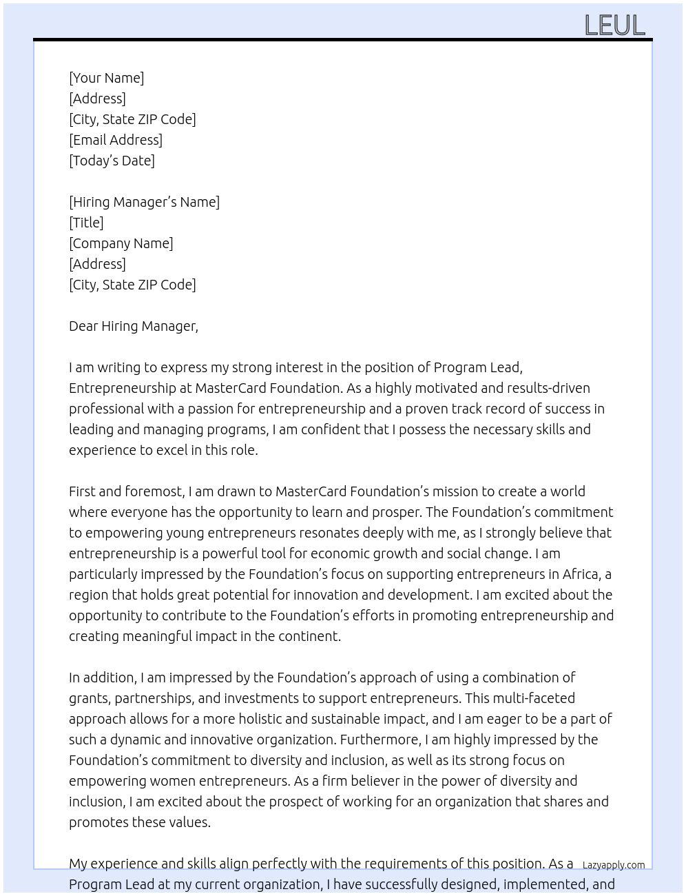 Cover letter for program lead, entrepreneurship - LazyApply