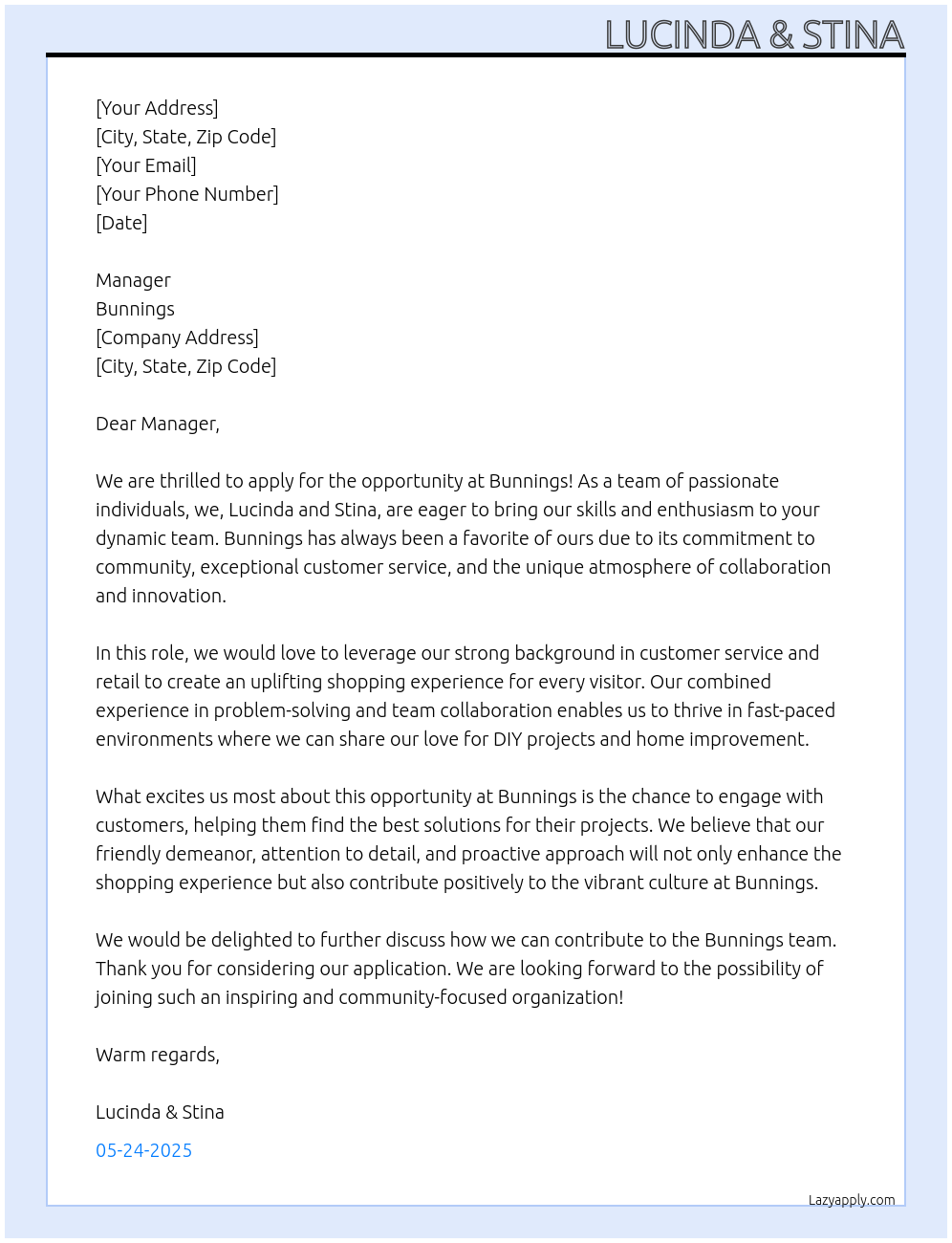Cover letter for bunnings - LazyApply