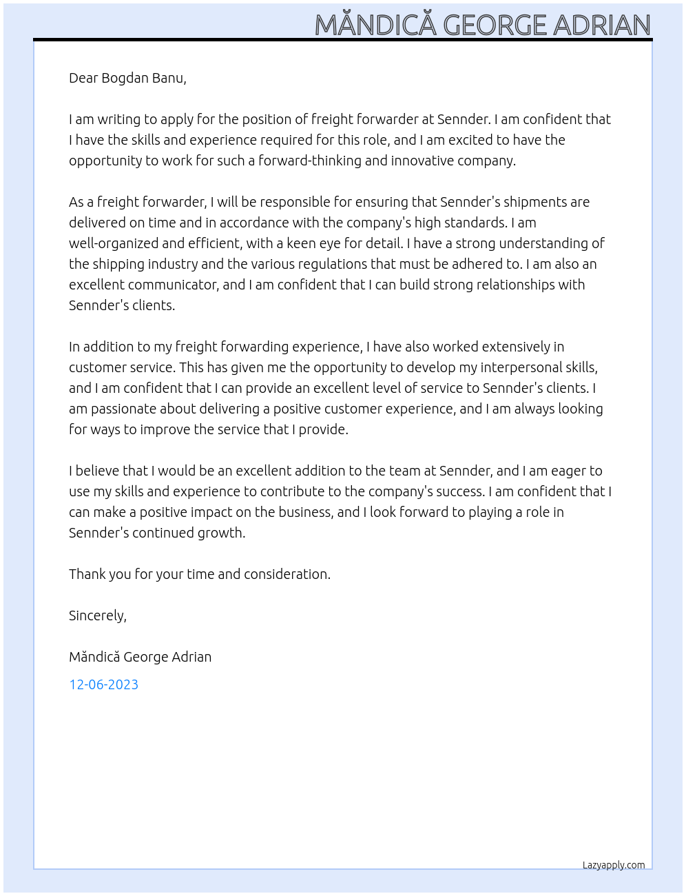 Cover letter for freight forwarder - LazyApply