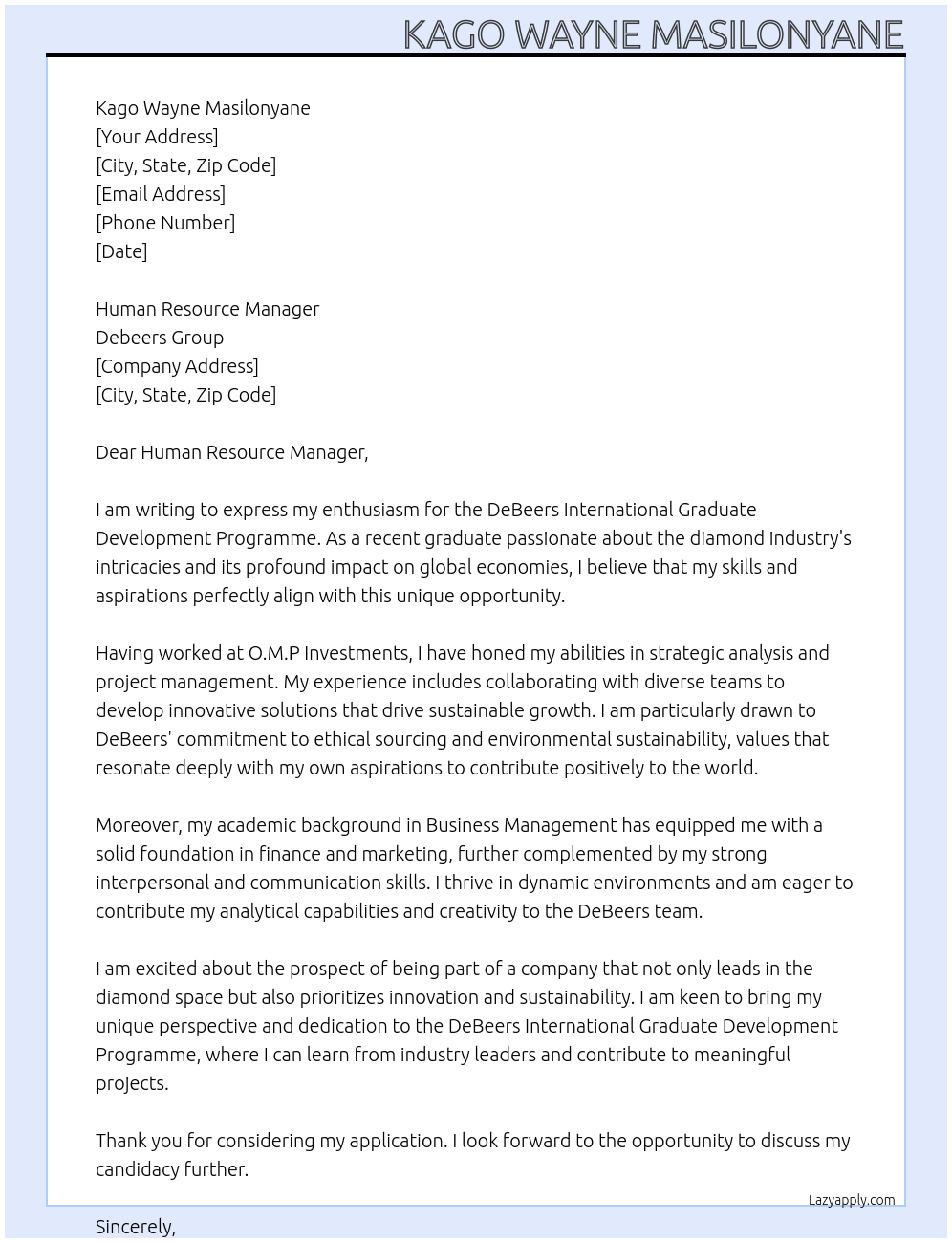 Cover letter for debeers international graduate development programme - LazyApply