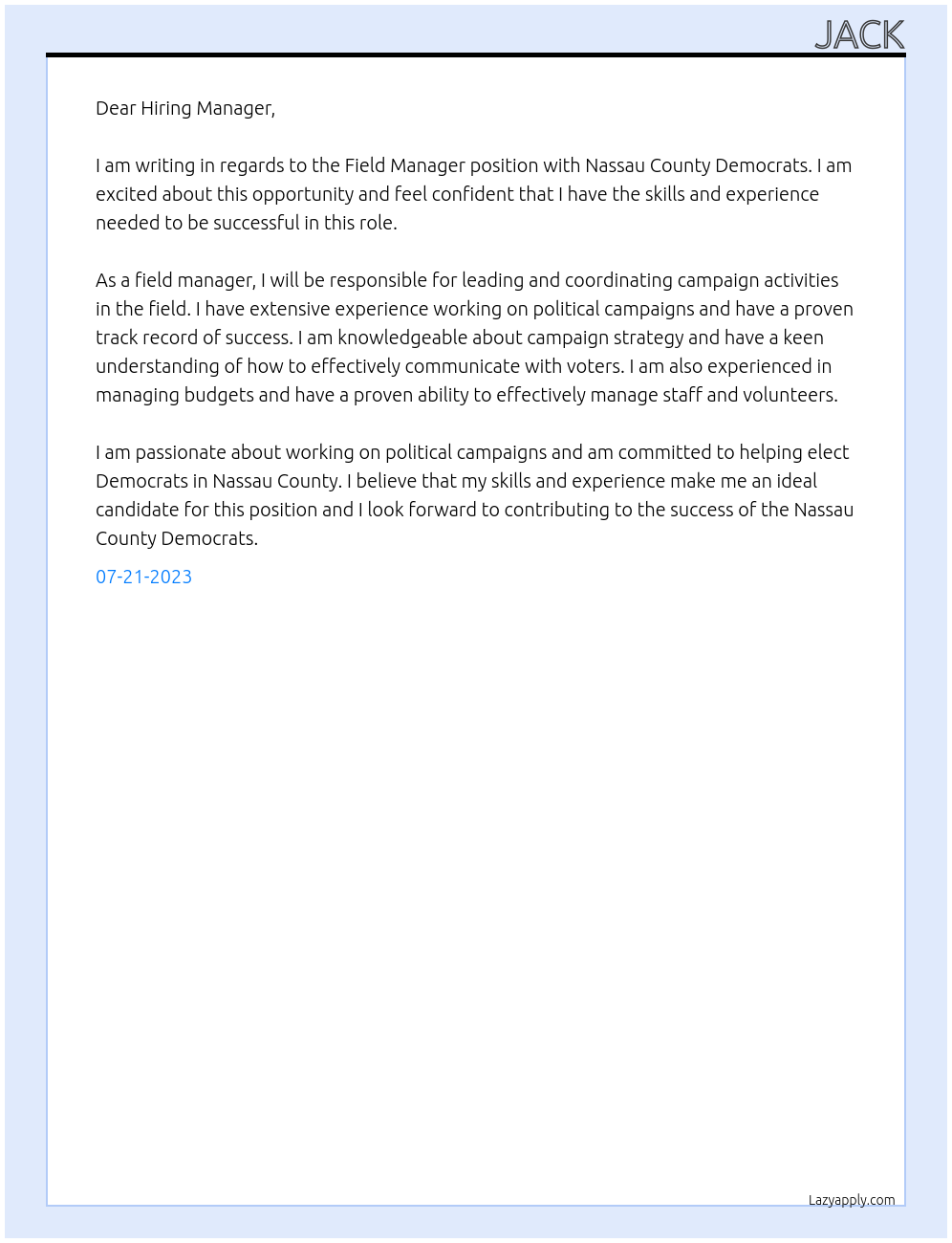 Cover letter for field manager - LazyApply