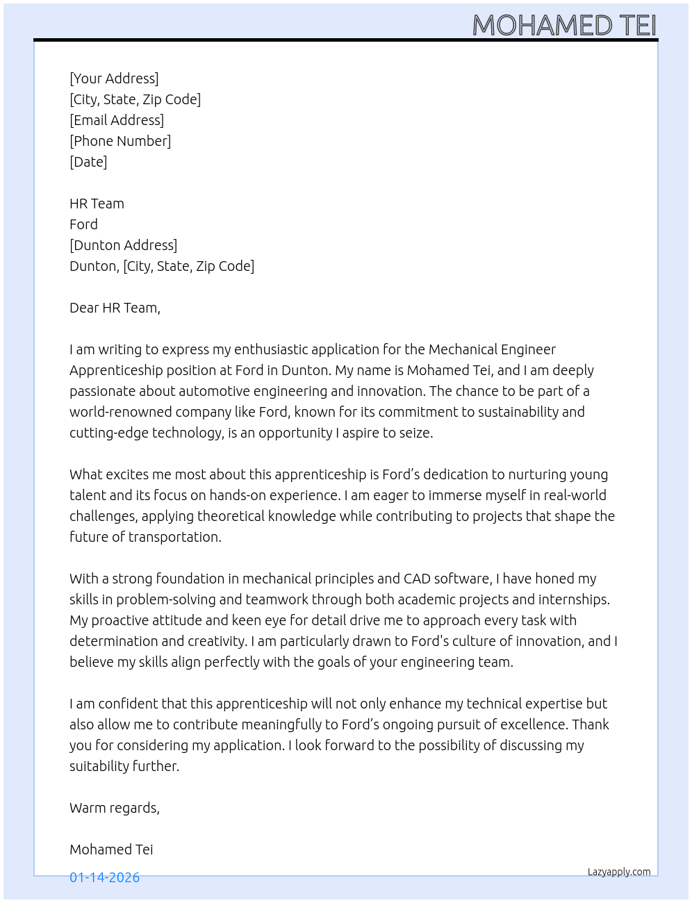 Cover letter for mechanical engineer apprenticeship - LazyApply