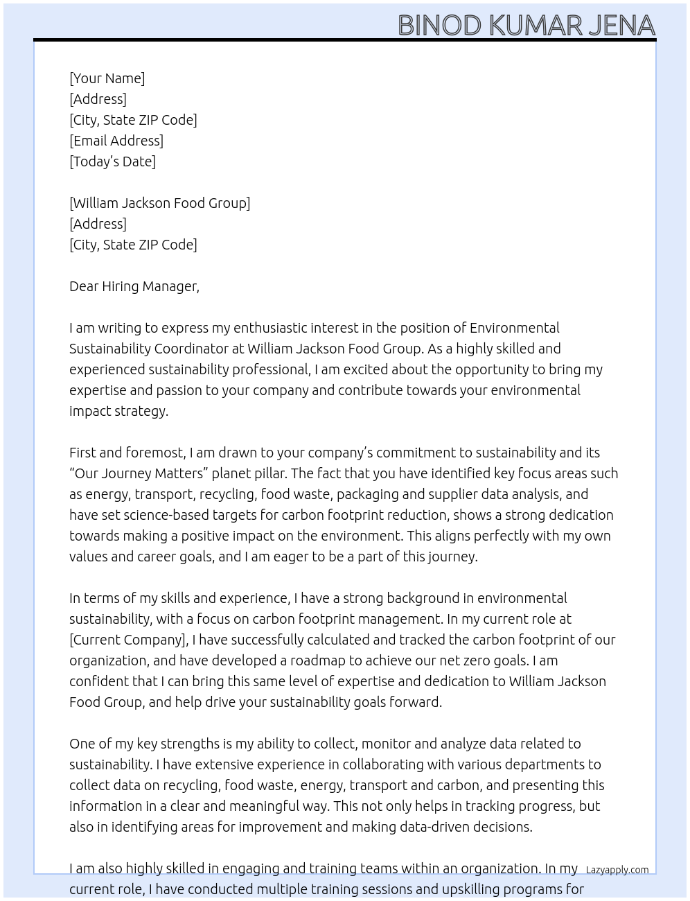Cover letter for environmental sustainability coordinator - LazyApply
