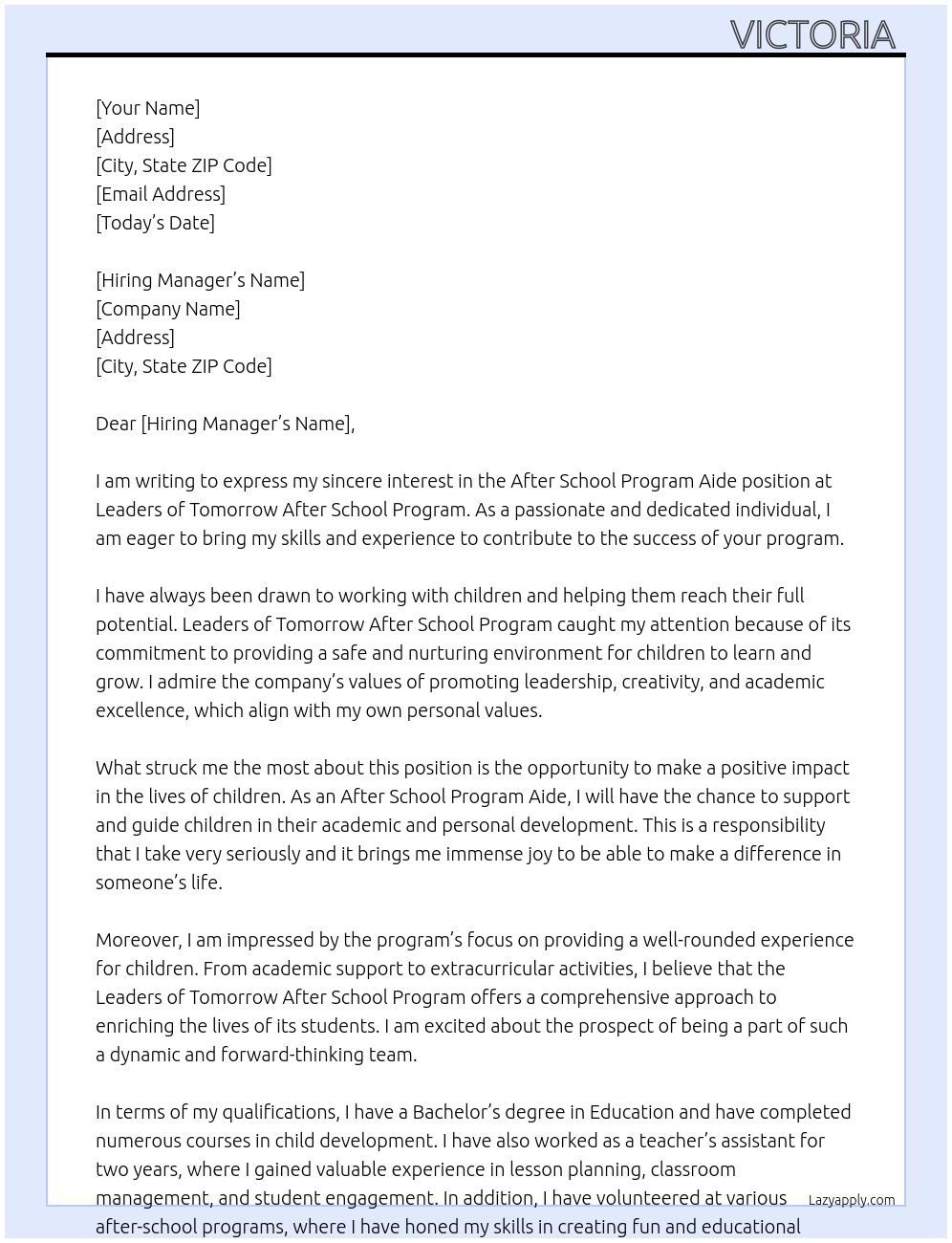 Cover letter for after school program aide - LazyApply