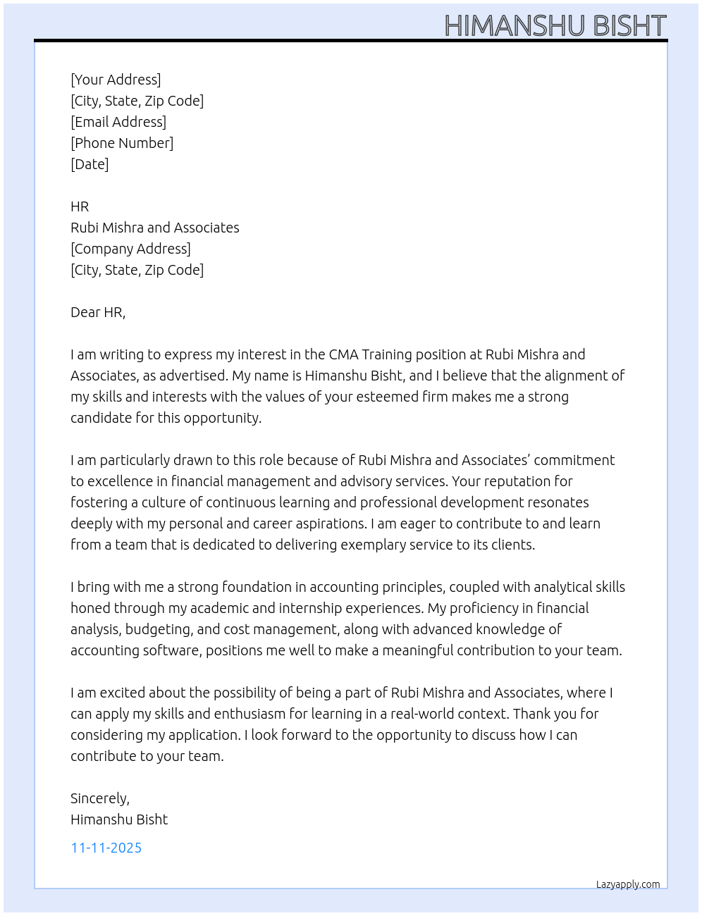 Cover letter for cma training - LazyApply