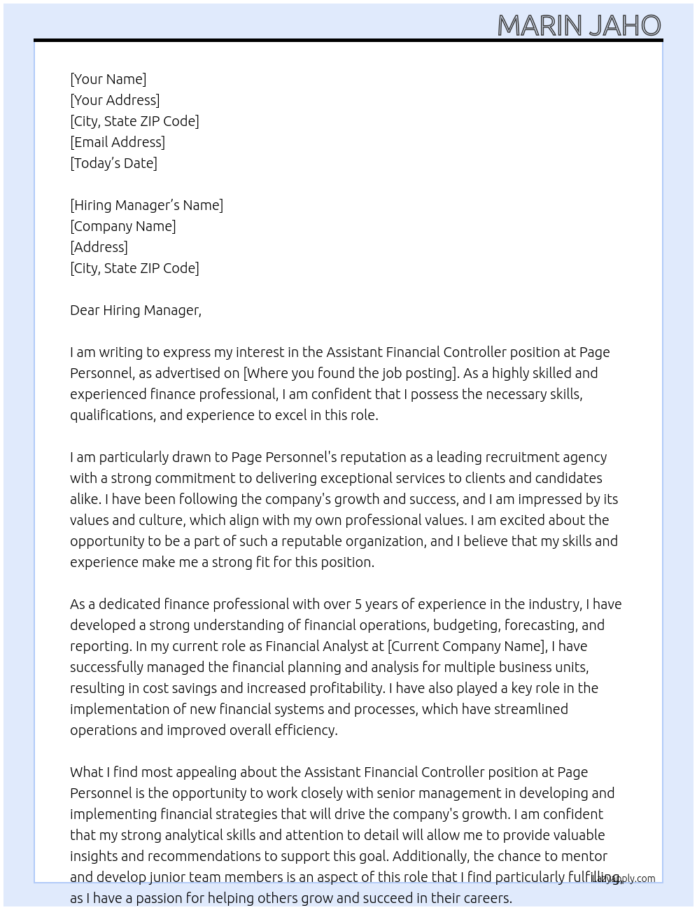 Cover letter for assistant financial controller - LazyApply