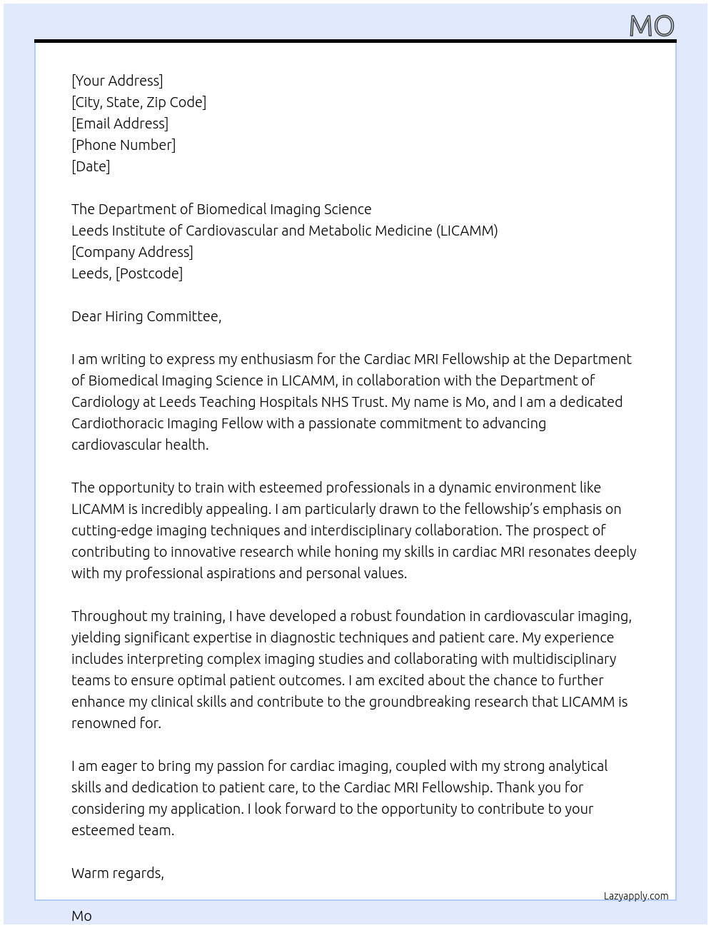 Cover letter for cardiac mri fellowship - LazyApply