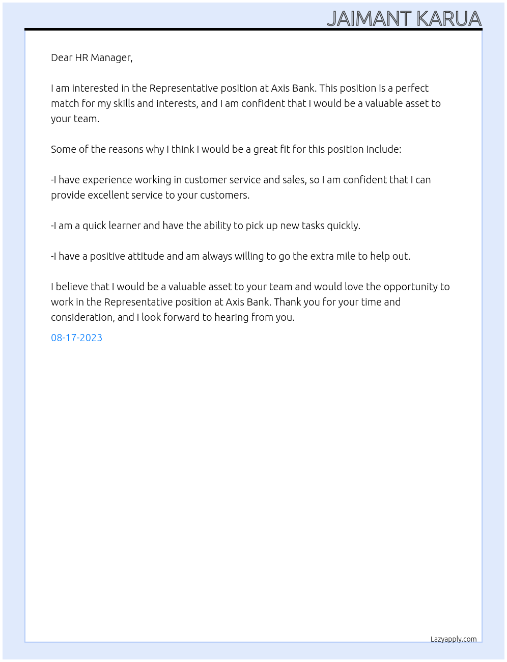 Cover letter for representative - LazyApply