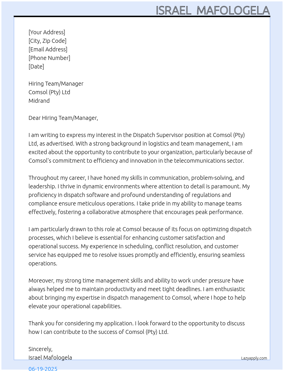 Cover letter for dispatch supervisor - LazyApply