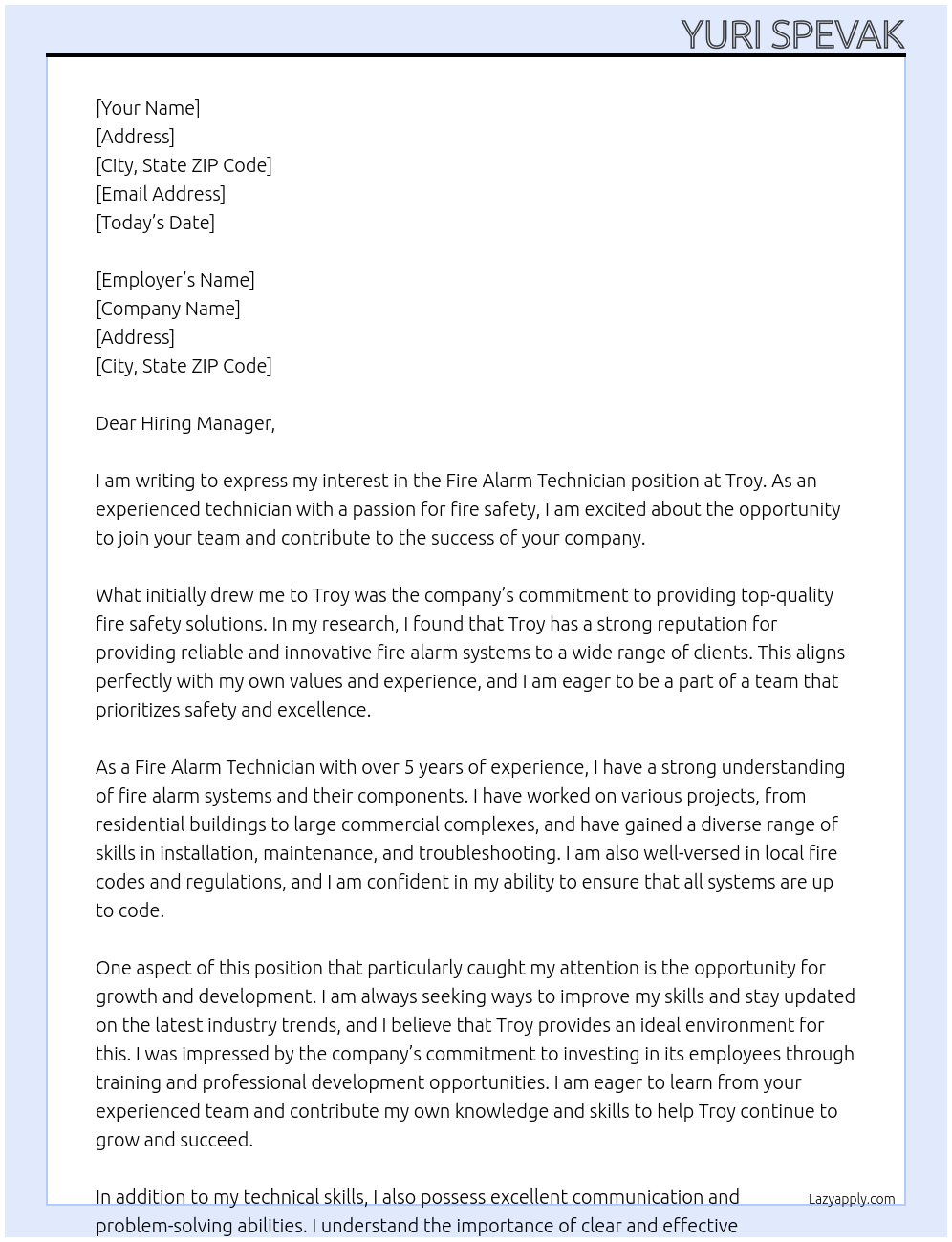 Cover letter for fire alarm technician - LazyApply
