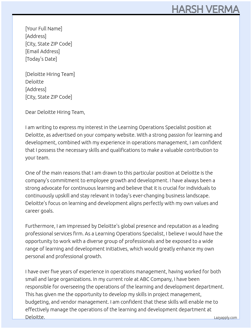 Cover letter for learning operations specialist - LazyApply