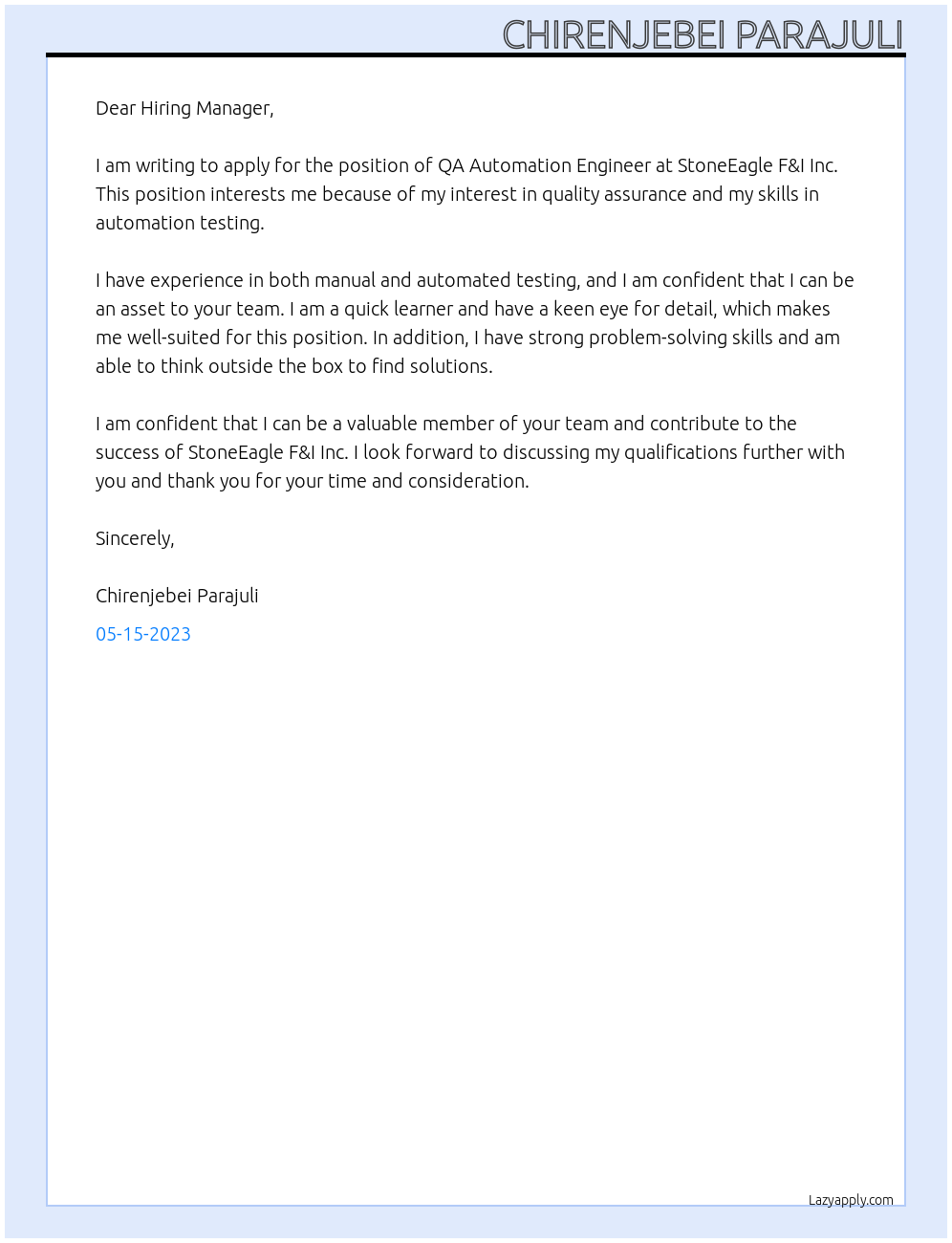 Cover letter for qa automation engineer - LazyApply