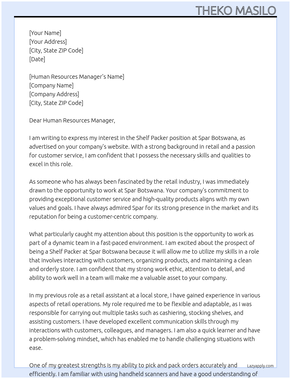 Cover letter for shelf packer - LazyApply