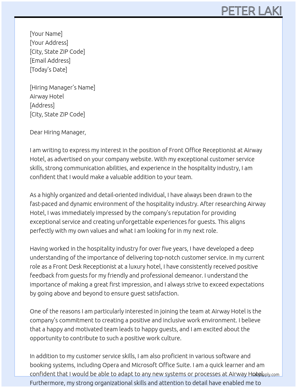 Cover letter for front office receptionists - LazyApply