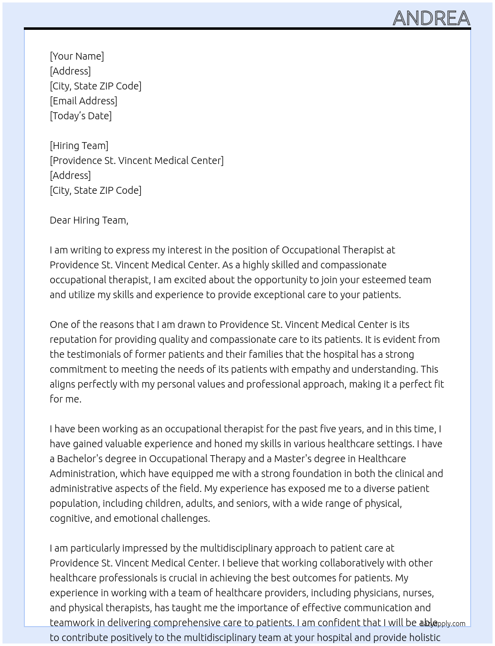 Cover letter for occupational therapist - LazyApply