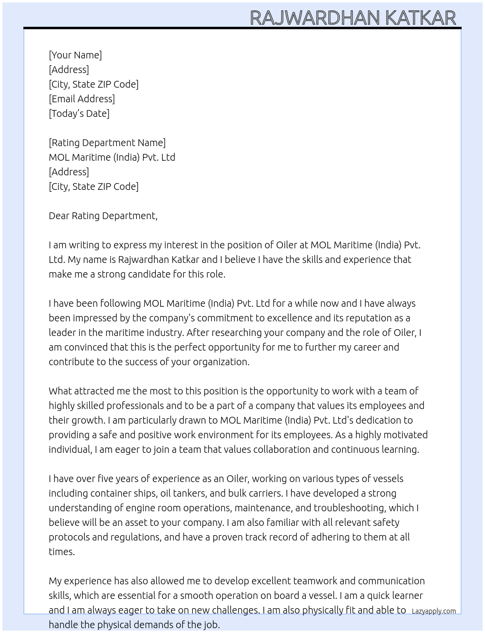 Cover letter for oiler - LazyApply